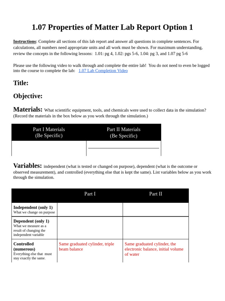 1.07 Properties of Matter Lab Report | PDF | Density | Volume