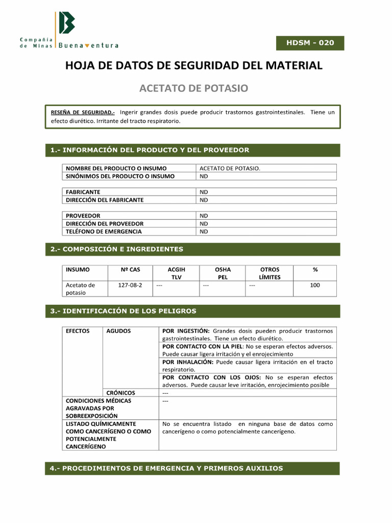 Hoja de Seguridad: Acetato de Potasio | PDF | Residuos | Agua