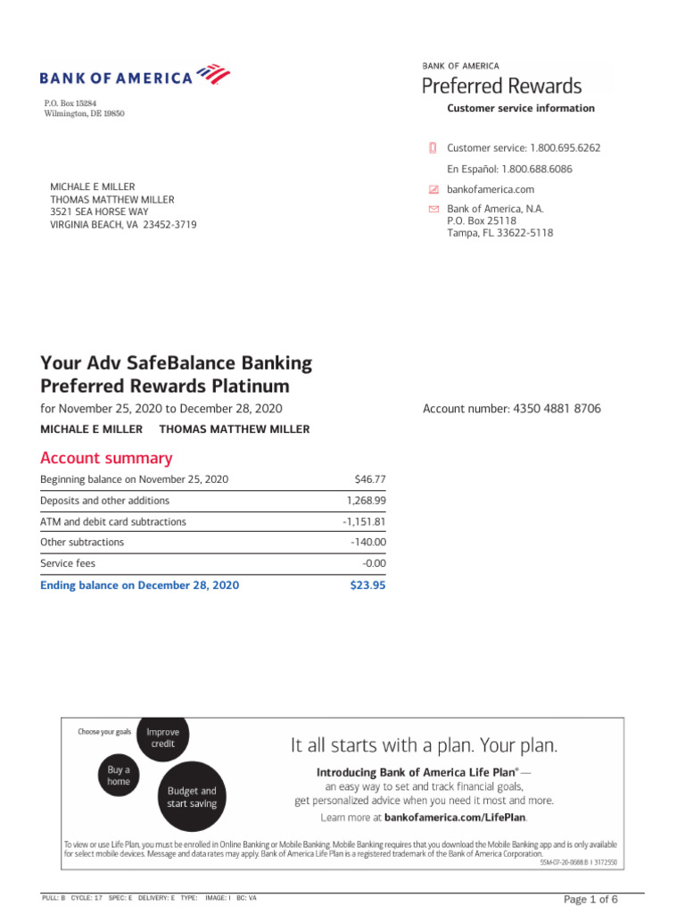 Bank of America Account Statement Summary | PDF | Banks | Receipt