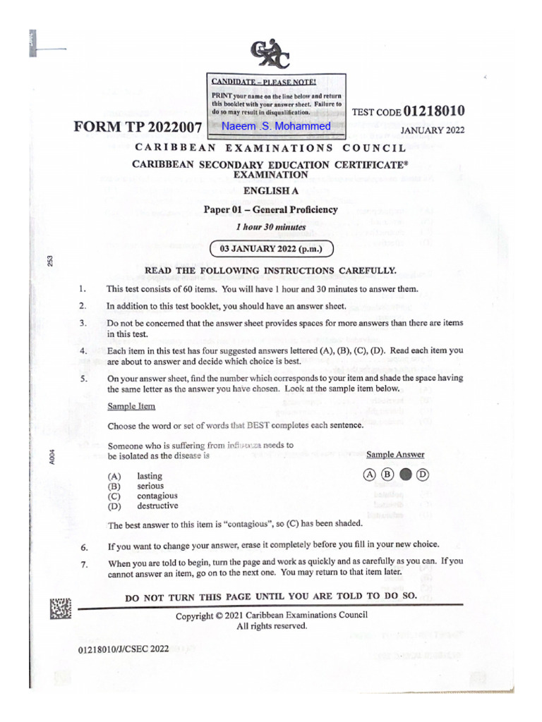 CSEC English A January 2022 P1 Answers | PDF