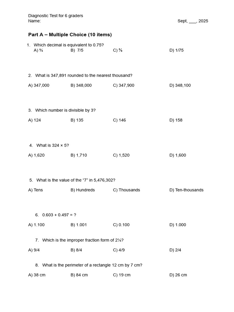 Grade 6 Diagnostic Test & Answers | PDF | Elementary Mathematics