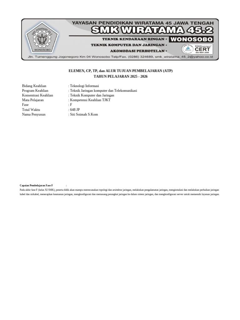 Atp Kelas Xi Tkj Fase f 2526 Oim | PDF