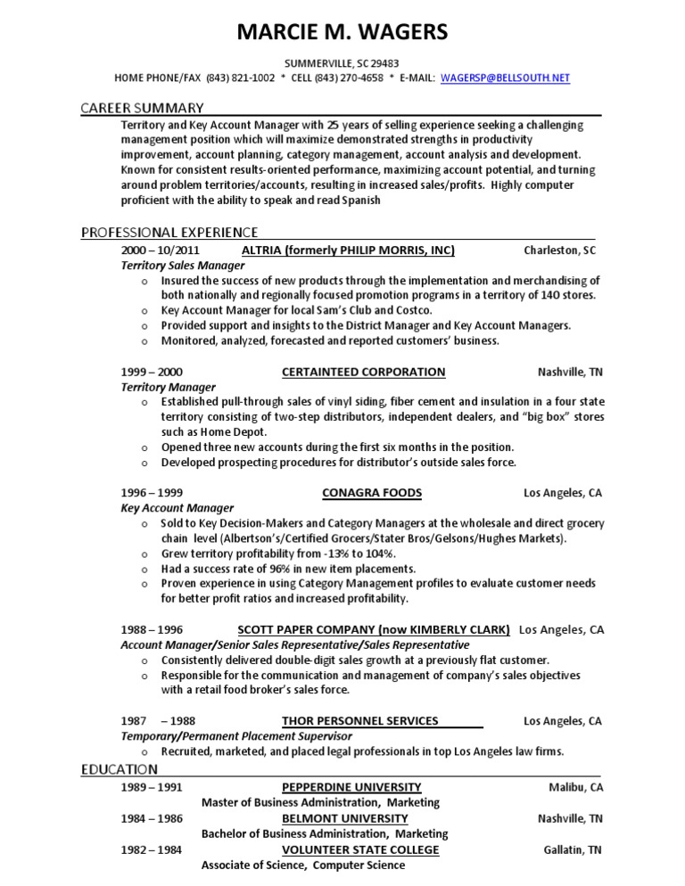 CPG Territory Sales Manager Major Accounts in Charleston SC Resume Marcie Wagers | PDF | Grocery ...