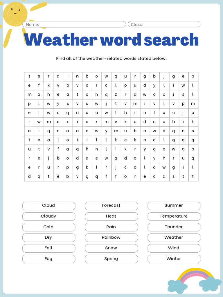 Weather Word Search Worksheet in Blue Illustrative Style | PDF