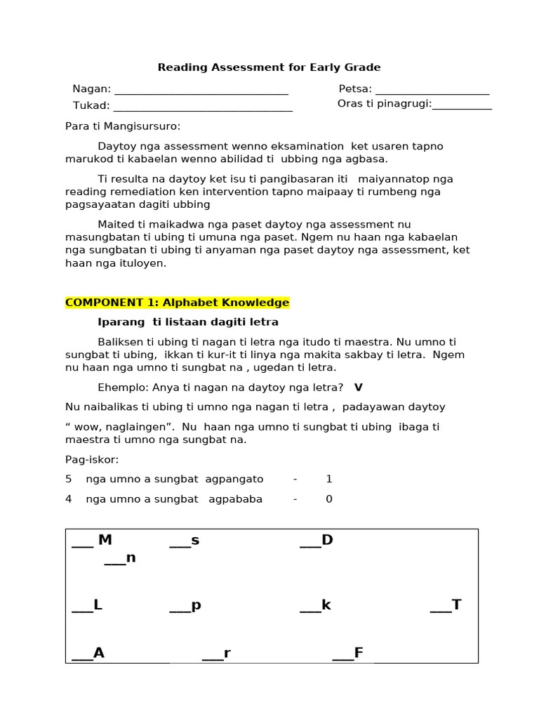 Reading Assessment For Early Grade Iloko | PDF