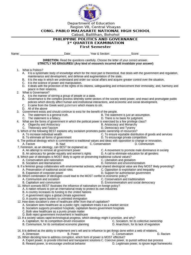 Philippine Politics and Governance Exam | PDF | Socialism | President ...