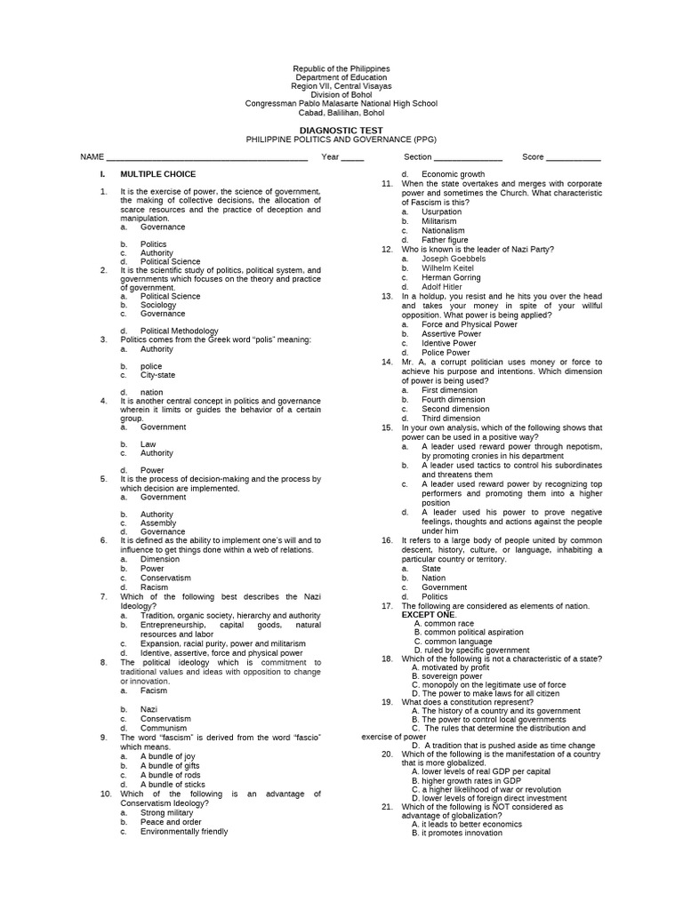 DIAGNOSTIC_PPG with answer key | PDF | Globalization | Political Science
