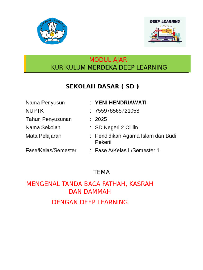Modul Ajar Deep Learning Pai Kelas 1 Bab 1 Mengenal Tanda Baca Fathah J ...