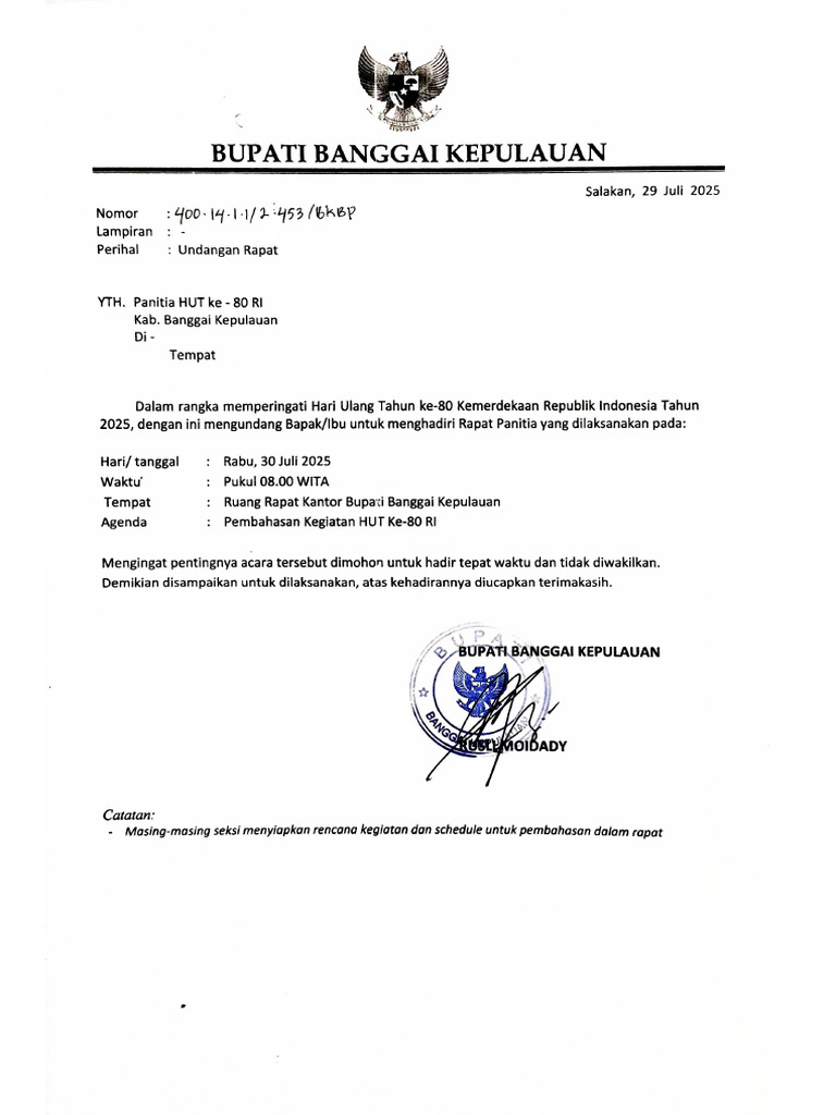 Undangan Rapat HUT Ke-80 RI | PDF