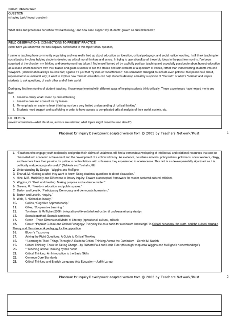 Inquiry Placemat Revised | PDF | Critical Thinking | Lesson Plan