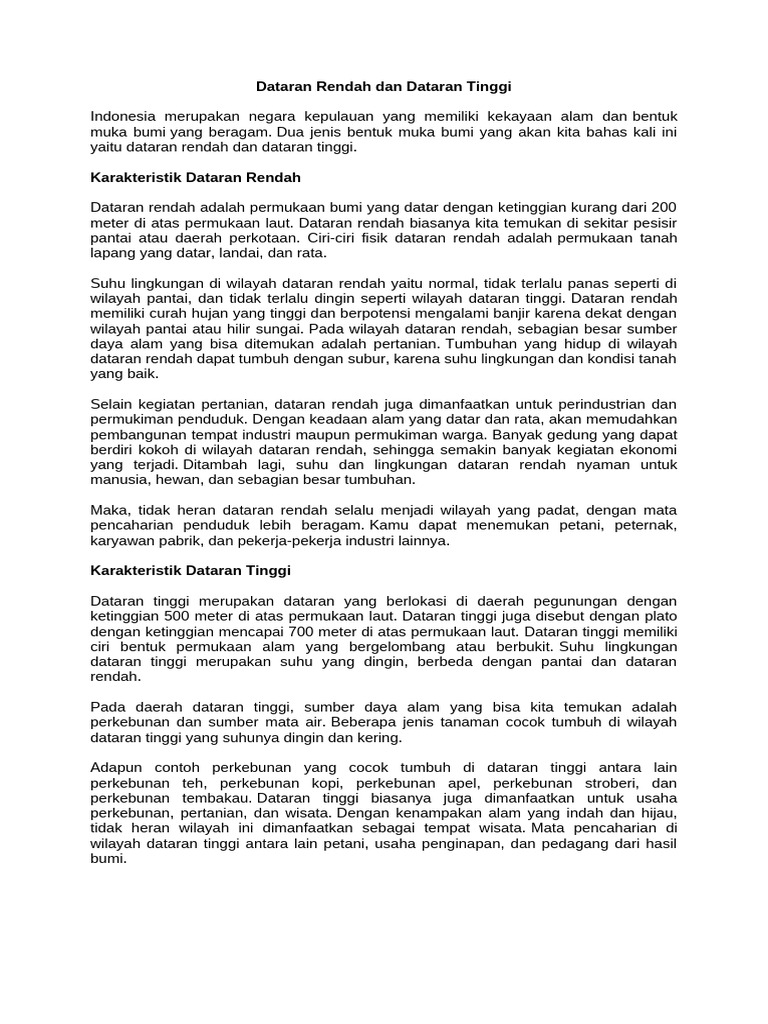 Karakteristik Dataran Rendah dan Tinggi | PDF