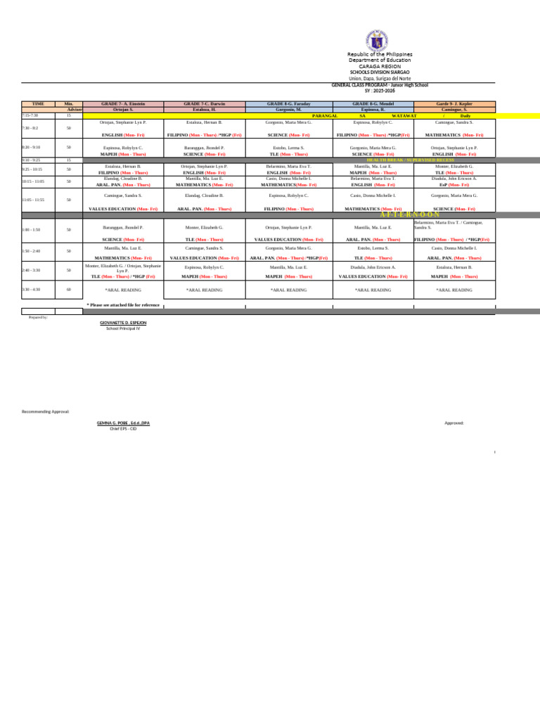Updated Class Program 2025 2026 | PDF | Republic | Southeast Asia