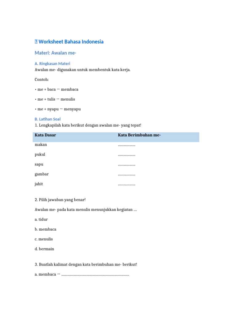 Worksheet Awalan - Me | PDF