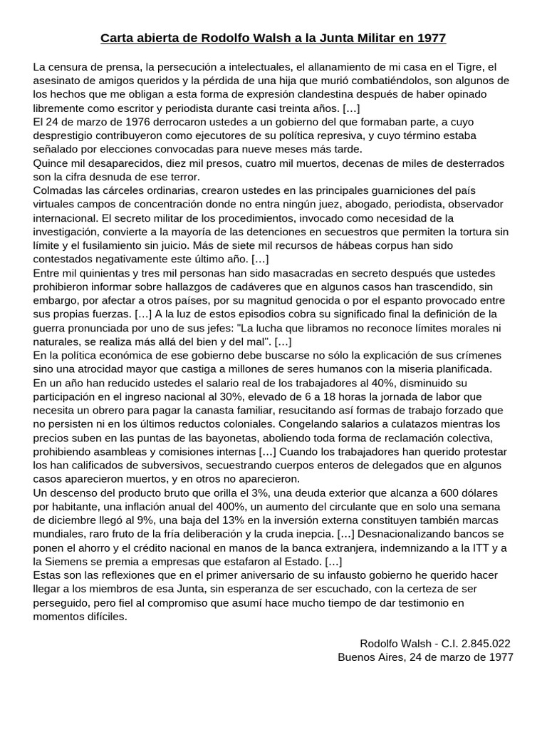 Carta Abierta A La Junta Militar. Rodolfo Walsh | PDF