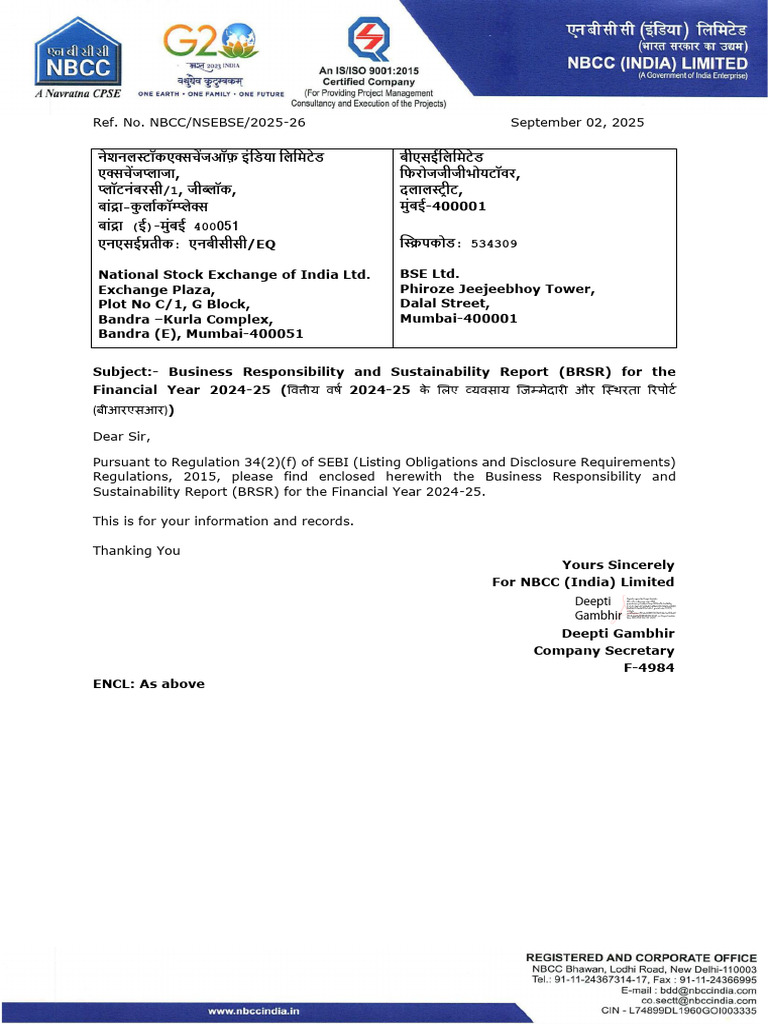 NBCC_02092025223453_Intimation_BRSR020292025 | PDF | Occupational Safety And Health | Governance