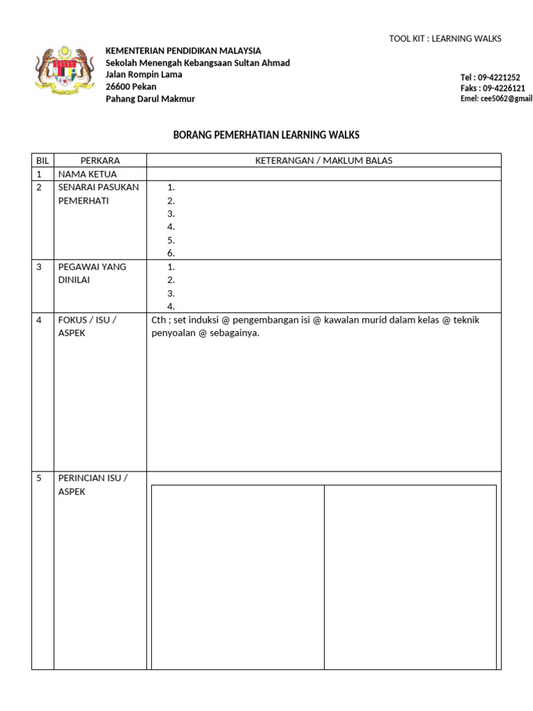 Borang Learning Walks | PDF