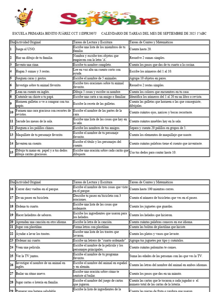 Calendario Sept Taras 1er Grado | PDF