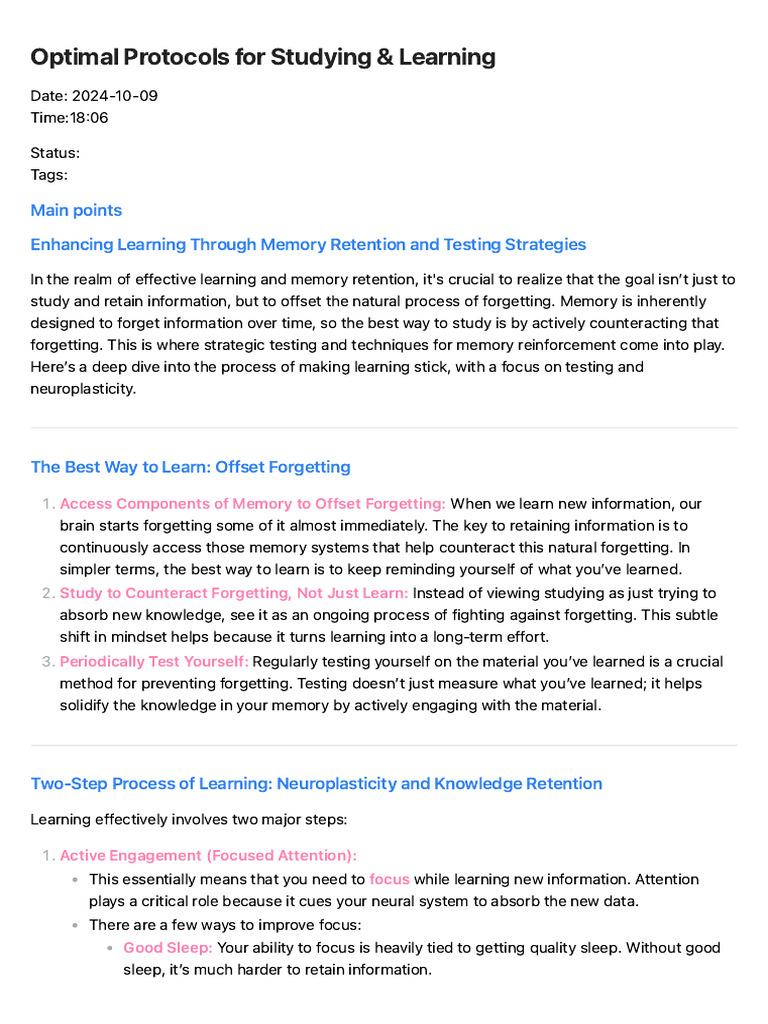 Optimal Protocols For Studying & Learning | PDF | Learning | Memory