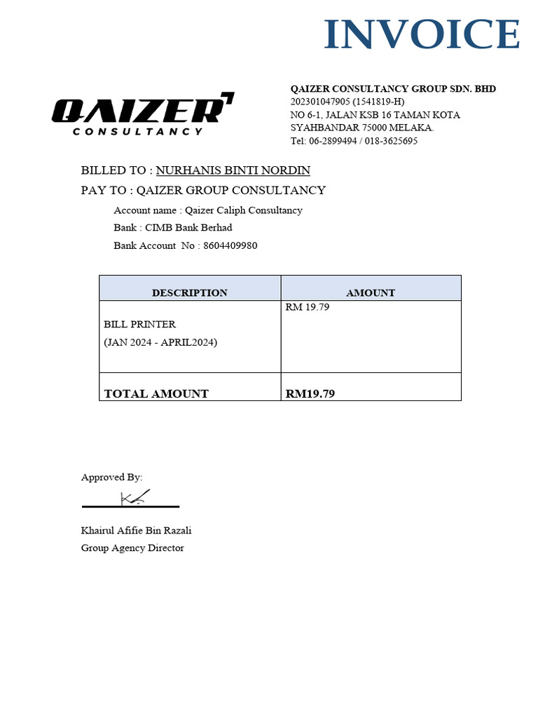 Invoice for Bill Printer Services | PDF