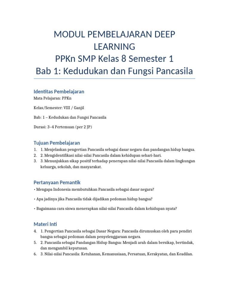 Modul PPKN Kelas8 Bab1 DeepLearning | PDF