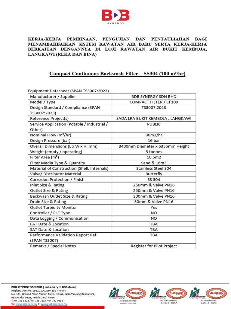 BDB Synergy: Compact Filter Datasheet | PDF | Hydraulic Engineering ...
