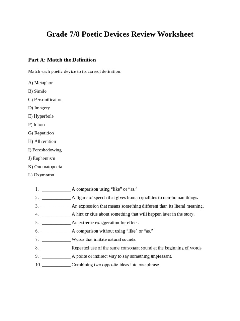 Grade7 - 8 Poetic Devices Review Worksheet | PDF | Linguistics