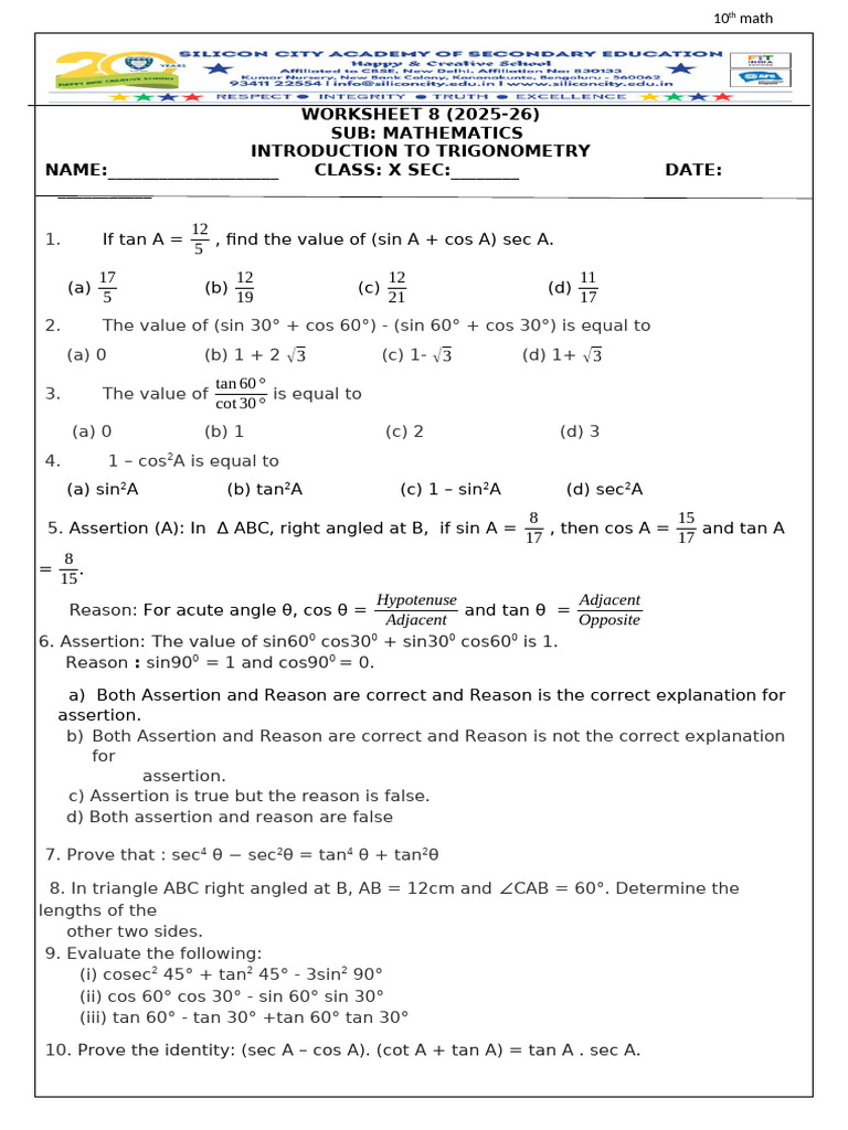 10th Introduction To Trigonometry Worksheet 8 25-26 | PDF ...