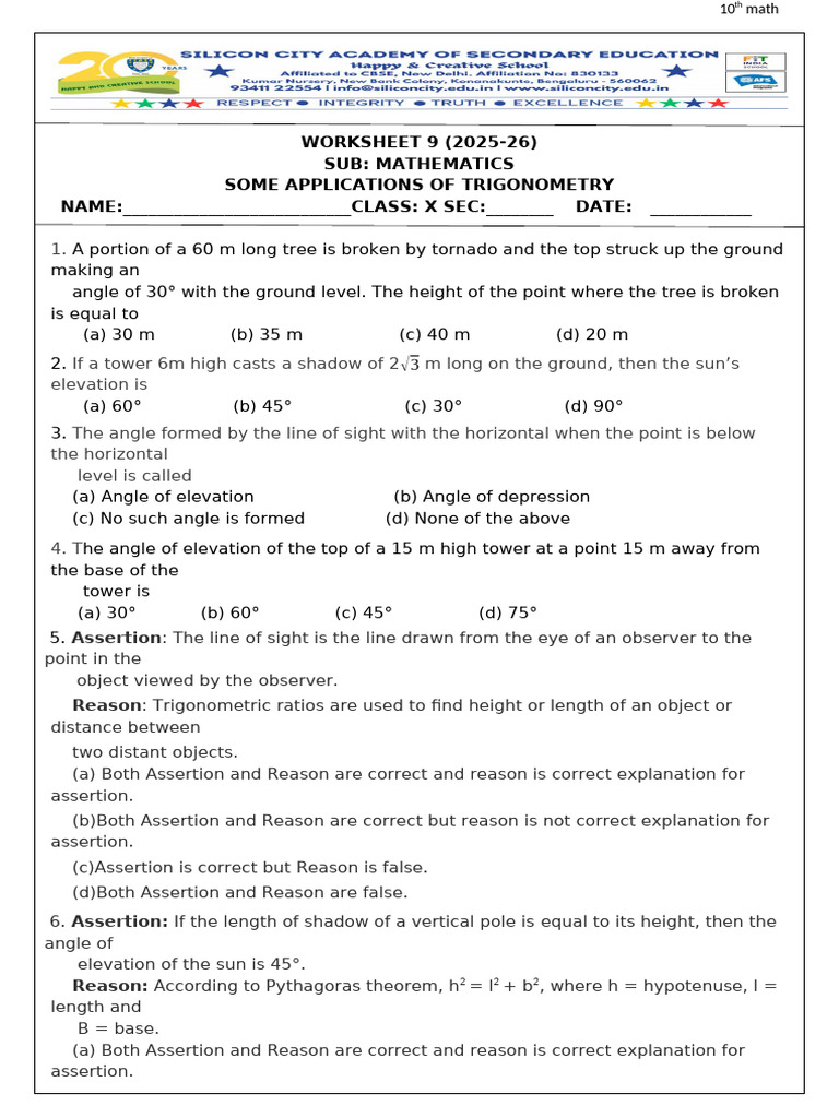 Trigonometry Applications Worksheet | PDF | Trigonometry | Elementary ...