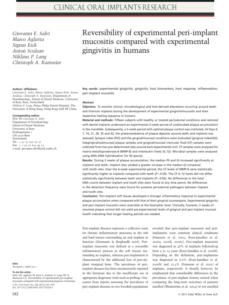 Reversibility of Peri-Implant Mucositis | PDF | Periodontology | Dental ...