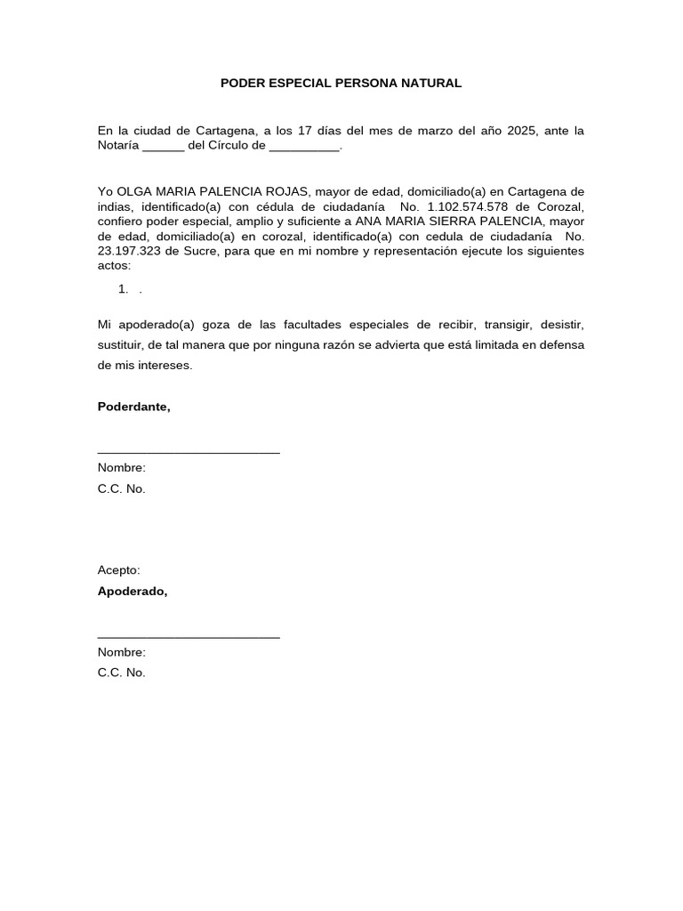 Poder Especial Persona Natural Cartagena | PDF