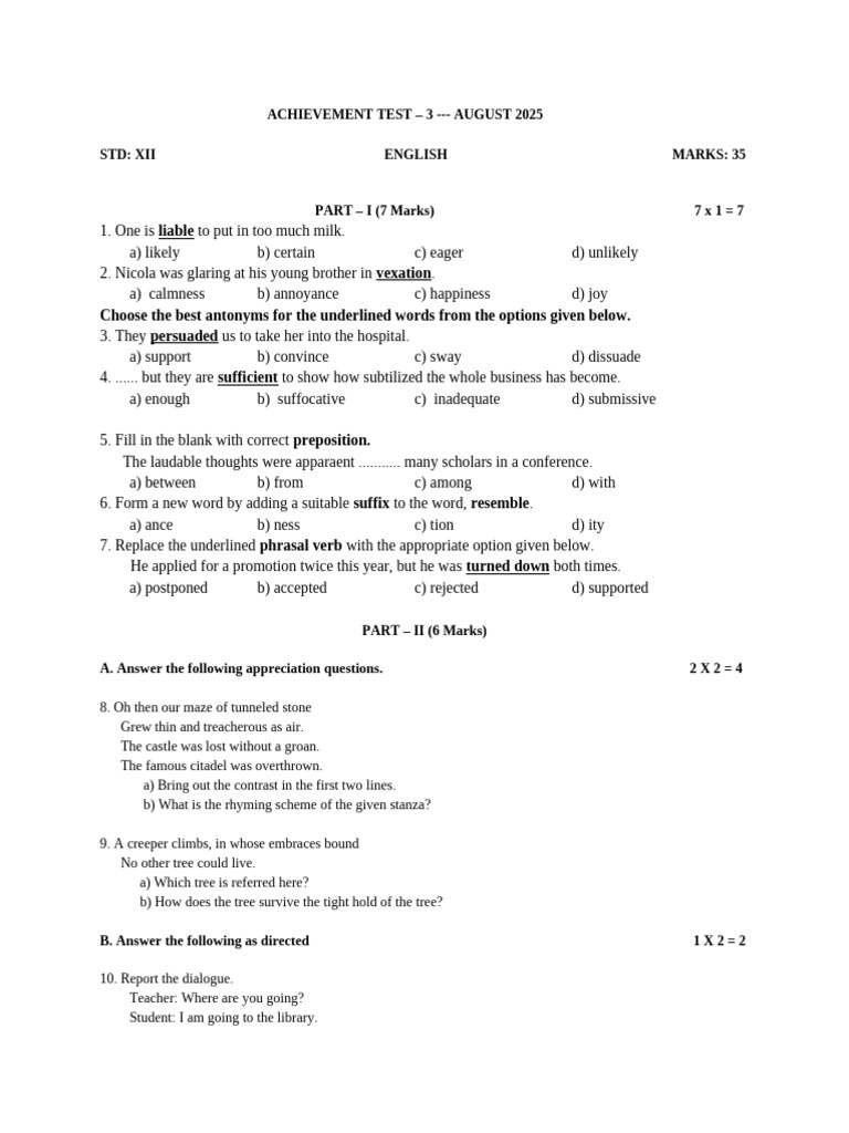 English Achievement Test - XII 2025 | PDF