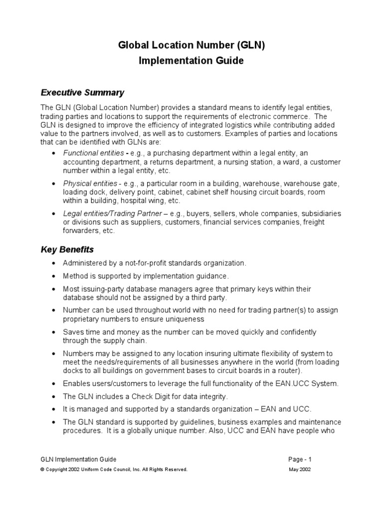 Global Location Number (GLN) Implementation Guide: Executive Summary ...