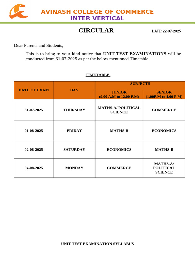Avinash College Unit Test Timetable 2025 | PDF | Economics | Economies