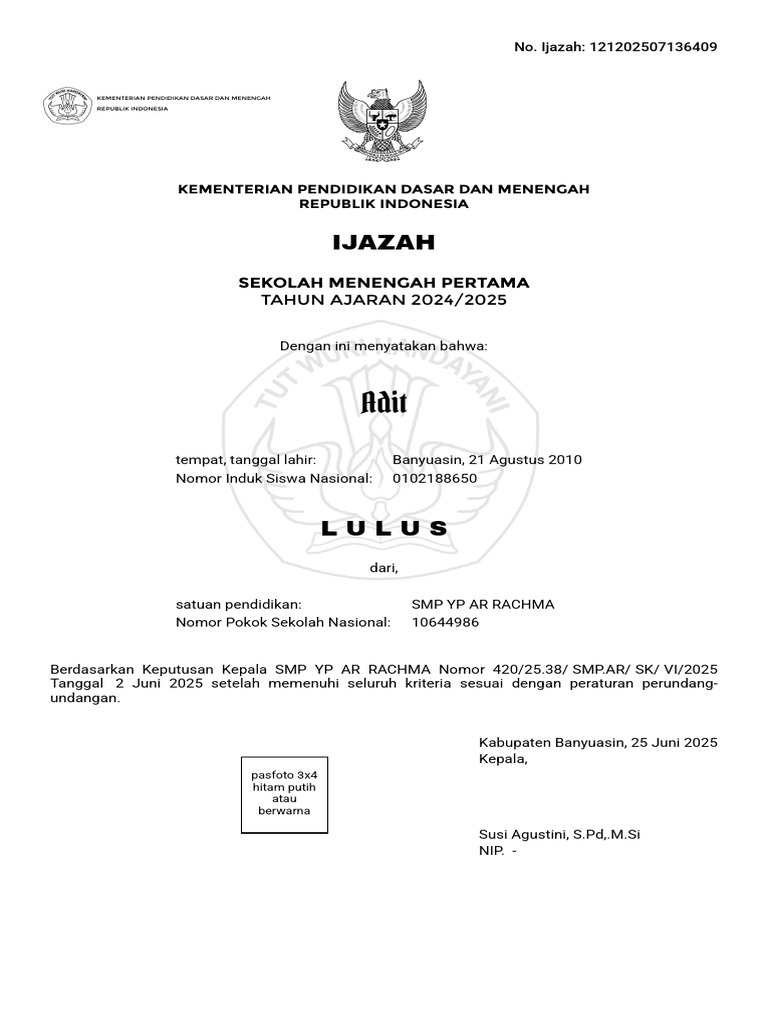 Ijazah SMP Yp Ar Rachma | PDF