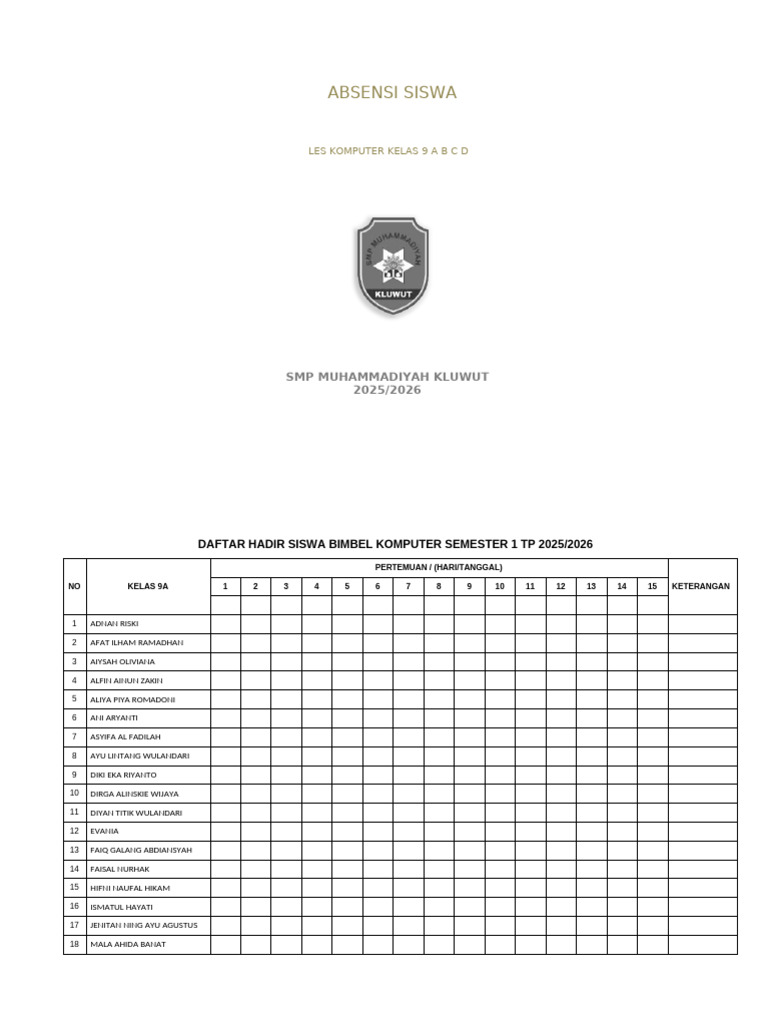 Absensi Les Komputer Kelas 9 TP 2025 2026 | PDF