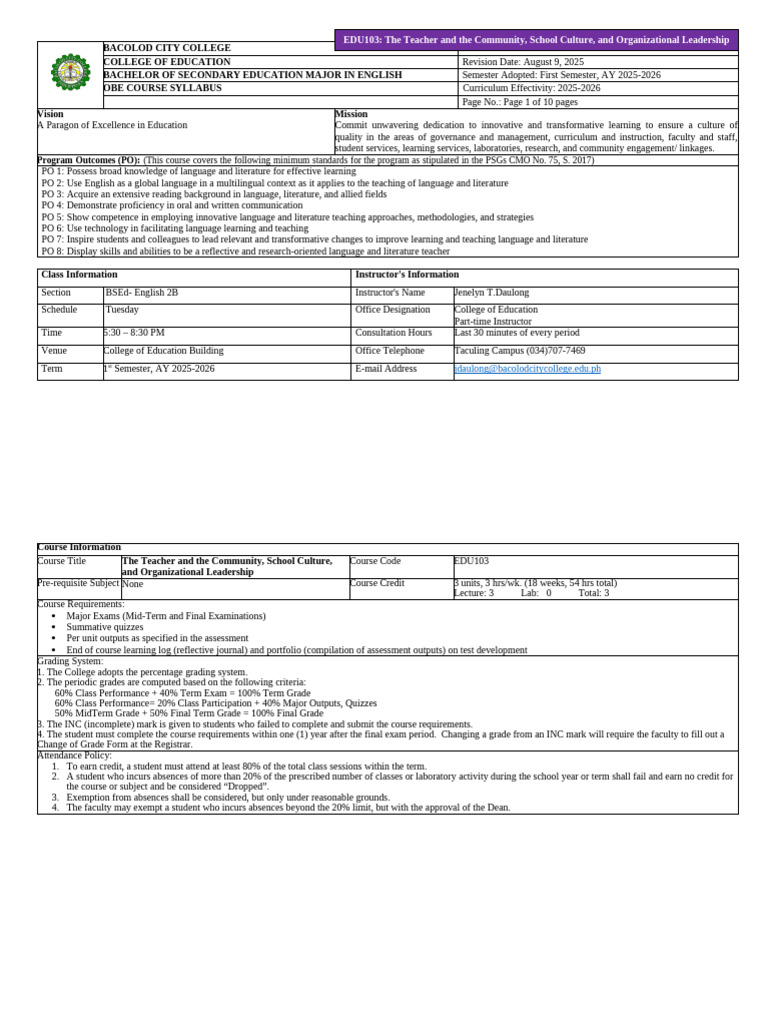BCC OBE Syllabus BSED Revised EDU103 the Teacher the Community | PDF ...
