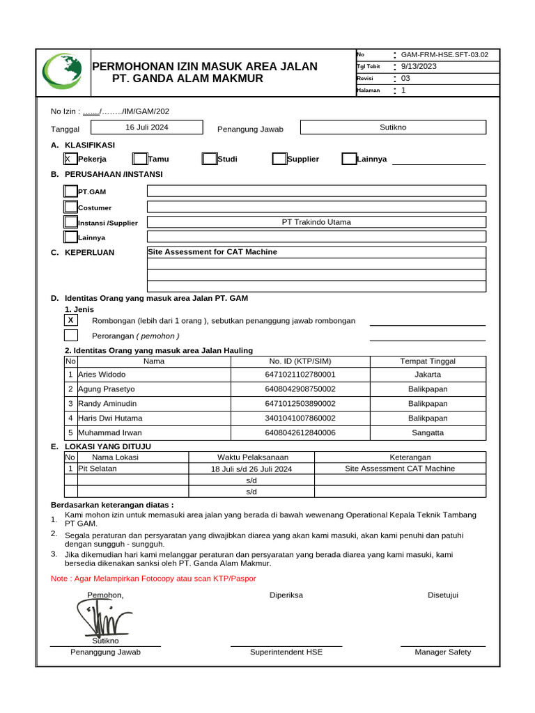 Gam-Frm-Hse - Sft-03.02-Rev.03 Formulir Permohonan Izin Masuk Area ...