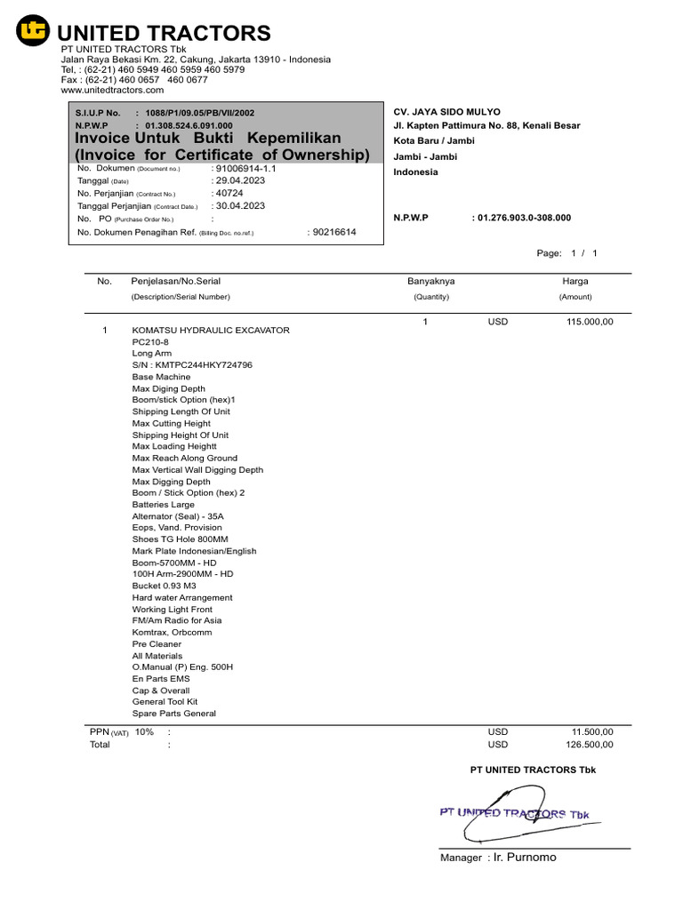 United Tractors Invoice Jambi | PDF | Companies