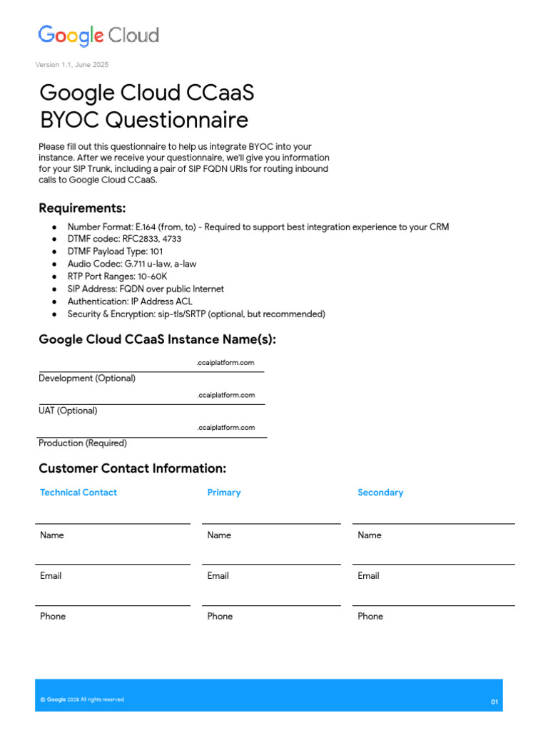 Google CCaaS BYOC Information and Worksheet | PDF | Session Initiation ...