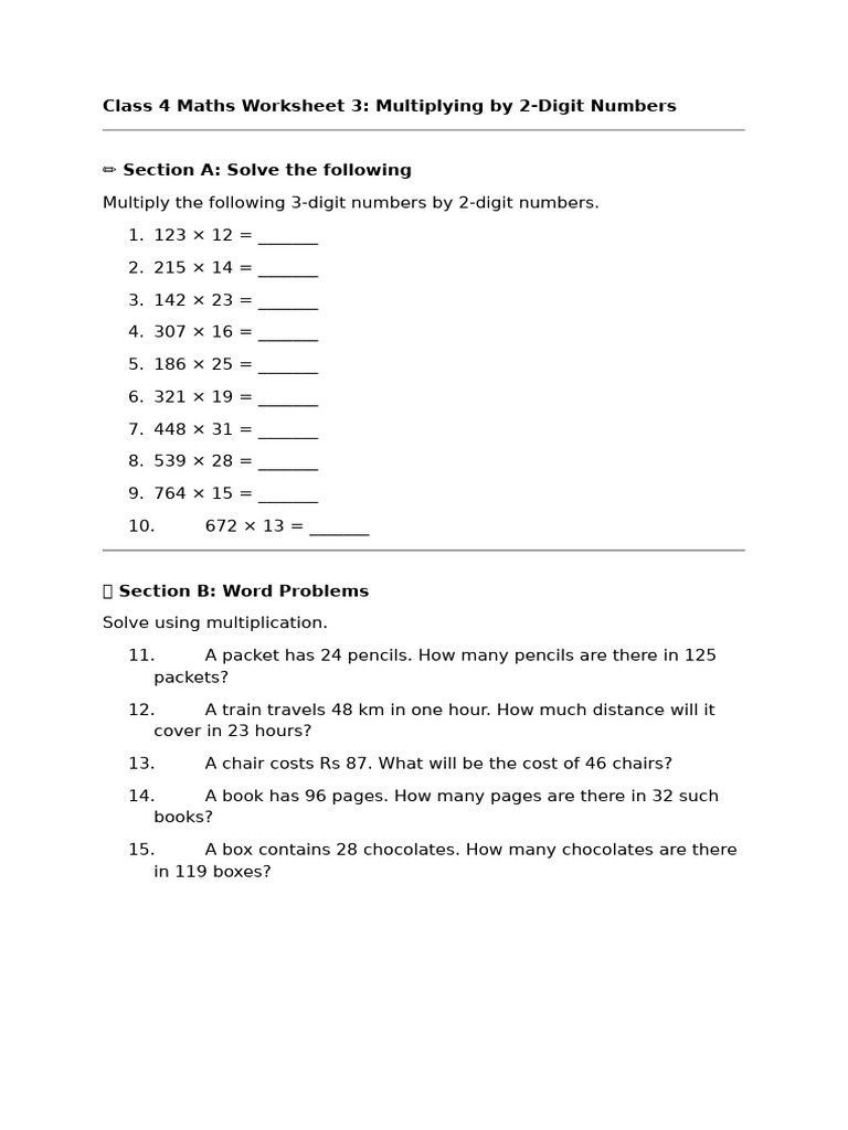 Class 4 Maths Worksheet 3 | PDF