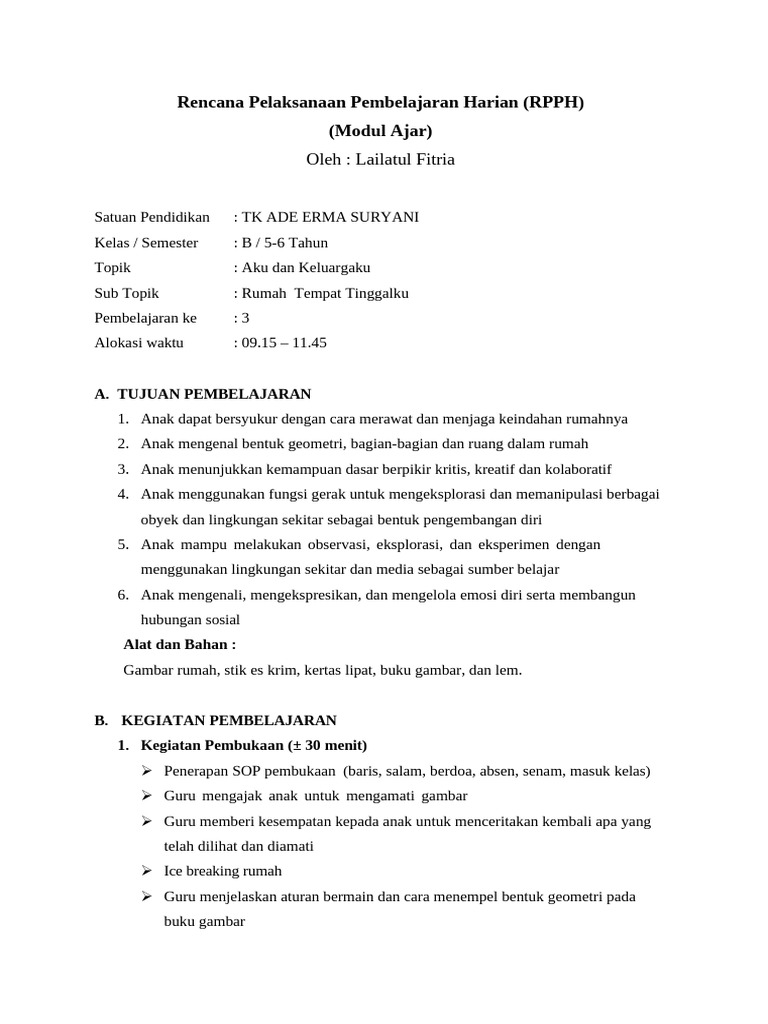 Contoh Lengkap RPPH Kurikulum Merdeka Paud Compress | PDF