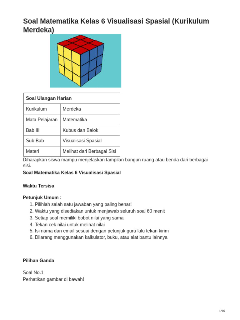 Soal Visualisasi Spasial Kelas 6 | PDF