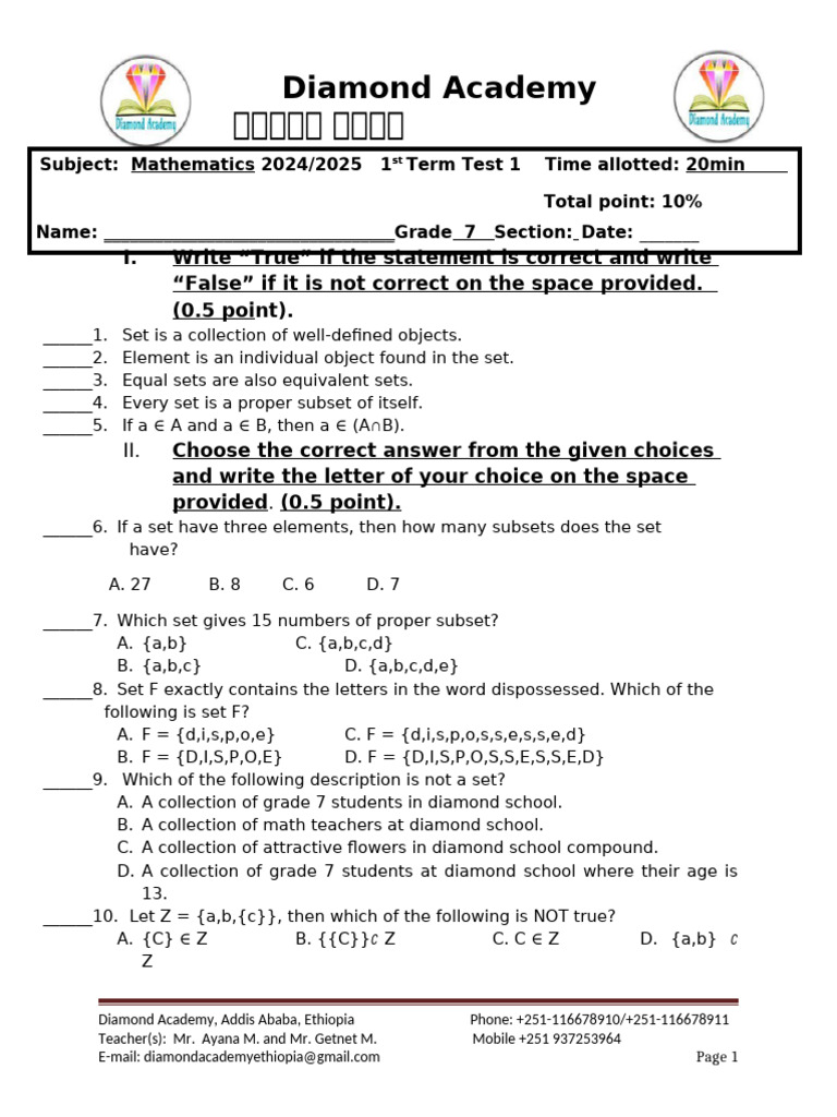Math Grade 7 Test 1 | PDF | Mathematics | Mathematical Concepts