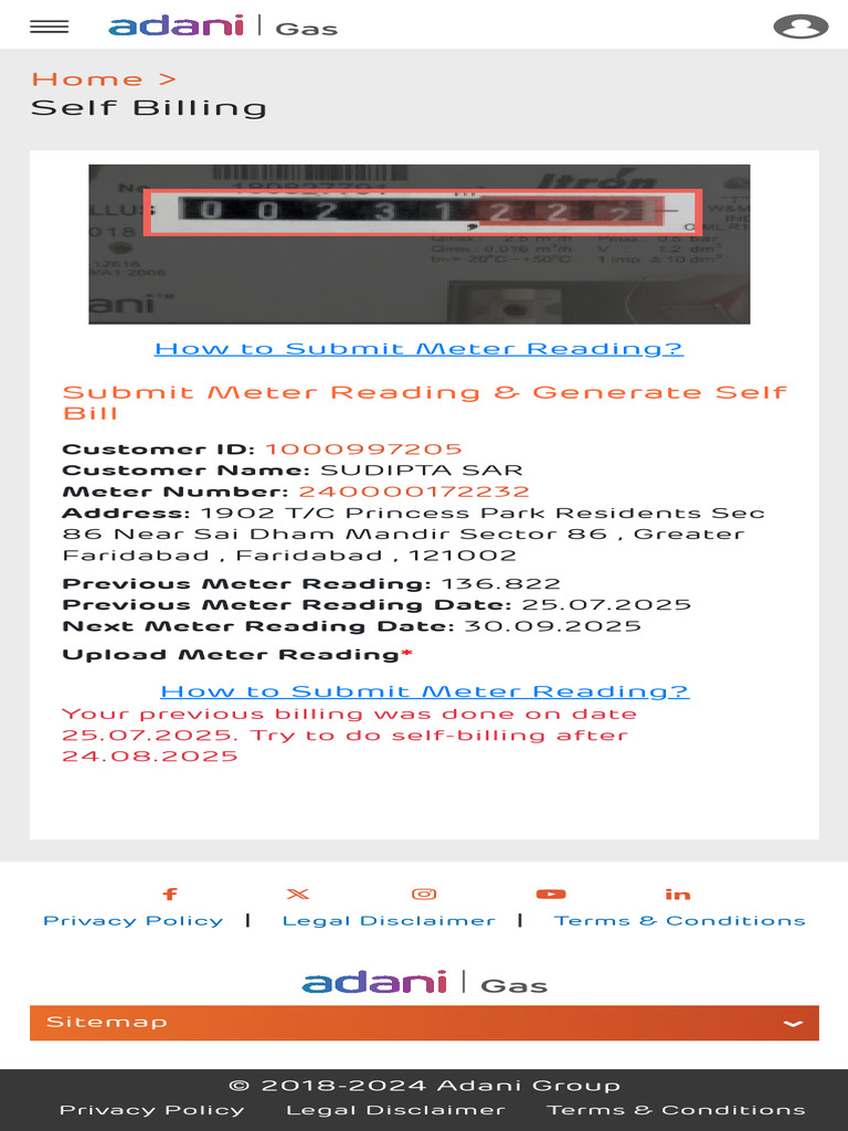 Submit Meter Reading & Generate Self Bill Adani Total Gas | PDF