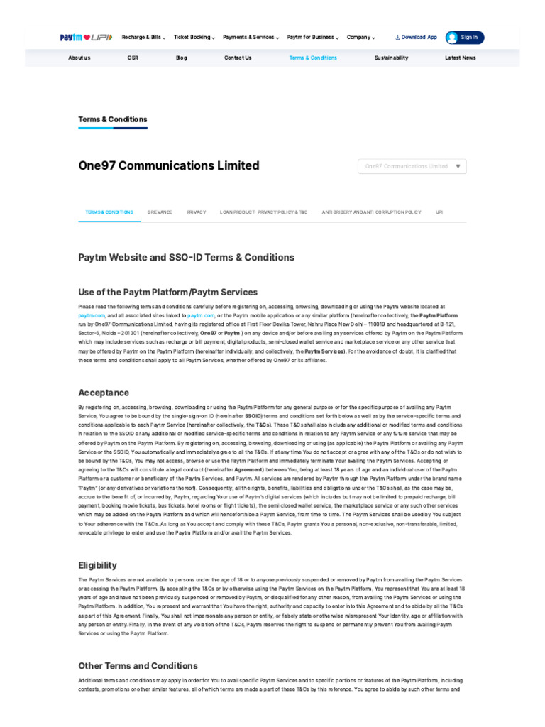 Paytm Com Company Terms and Conditions Company One97 Tab Terms | PDF ...