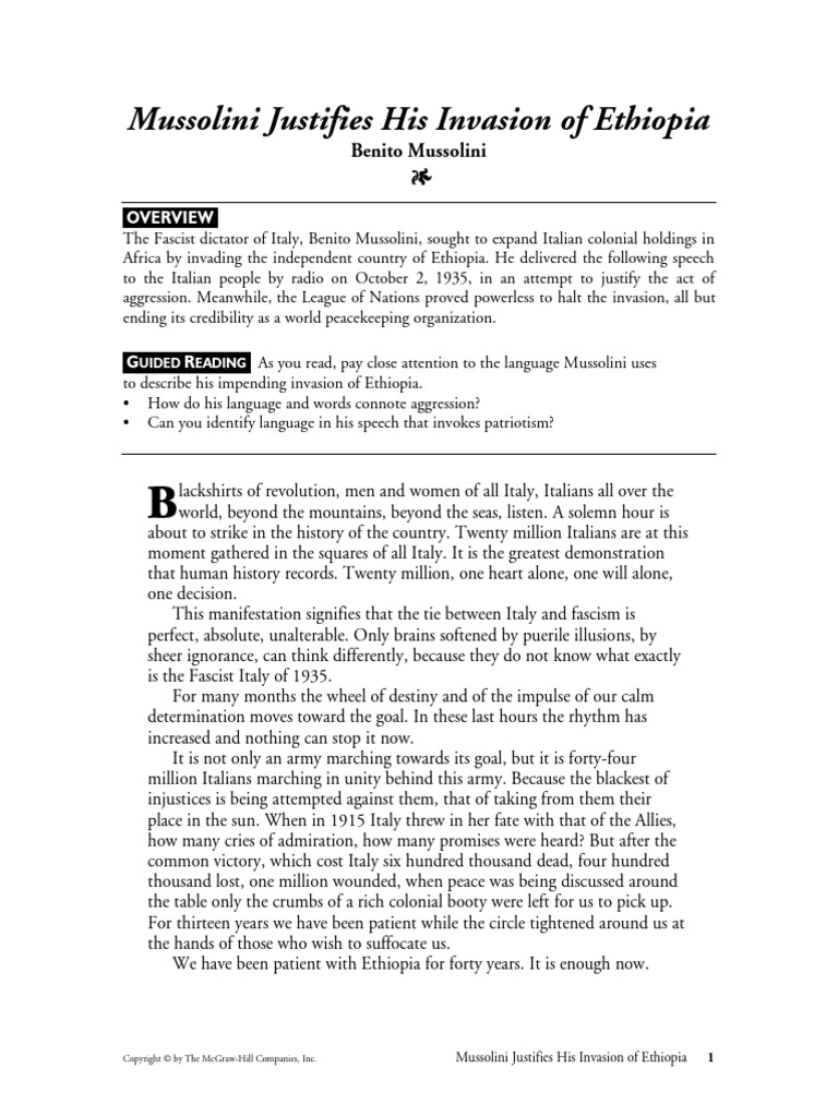 Mussolini's Justification for Ethiopia Invasion | PDF | Benito ...