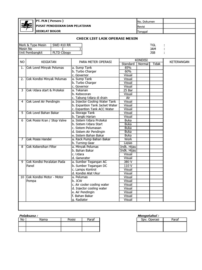 Cek Laik Operasi Mesin PLTD Cibogo | PDF