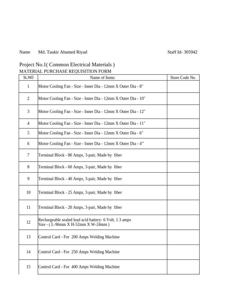 Materials Purchase Requisition Form-Common Electrical Spare Parts PR List - 05.05. 2025 | PDF ...