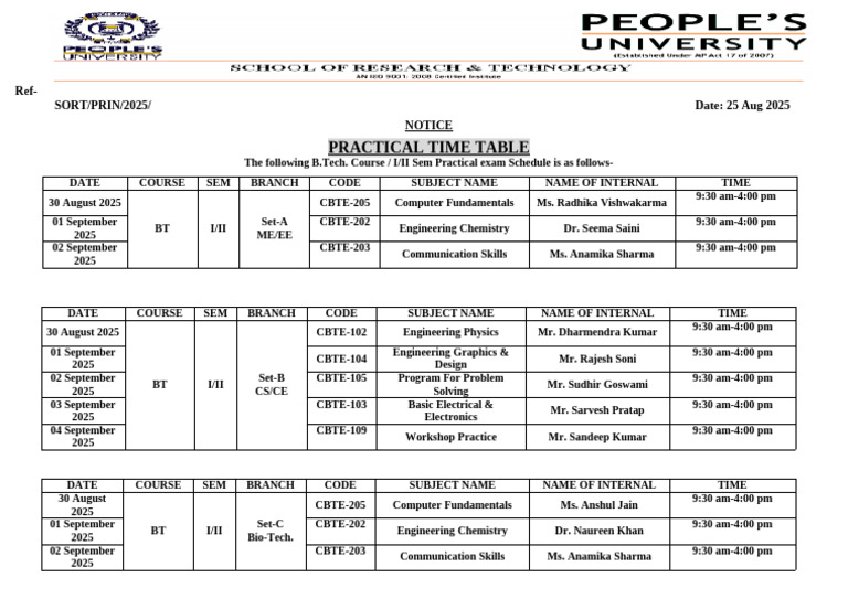Practical Time Table (Students) BT II Sem 2024-25. | PDF | Science | Engineering