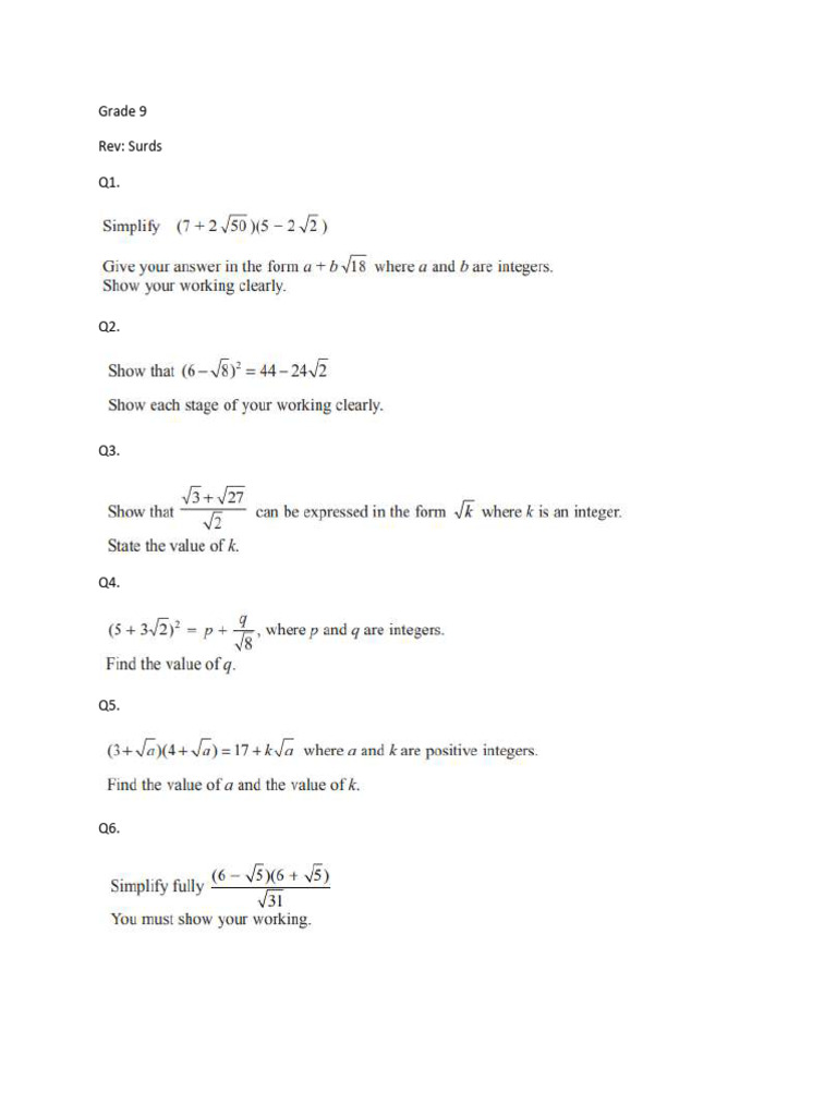 Grade 9 Rev Surds | PDF
